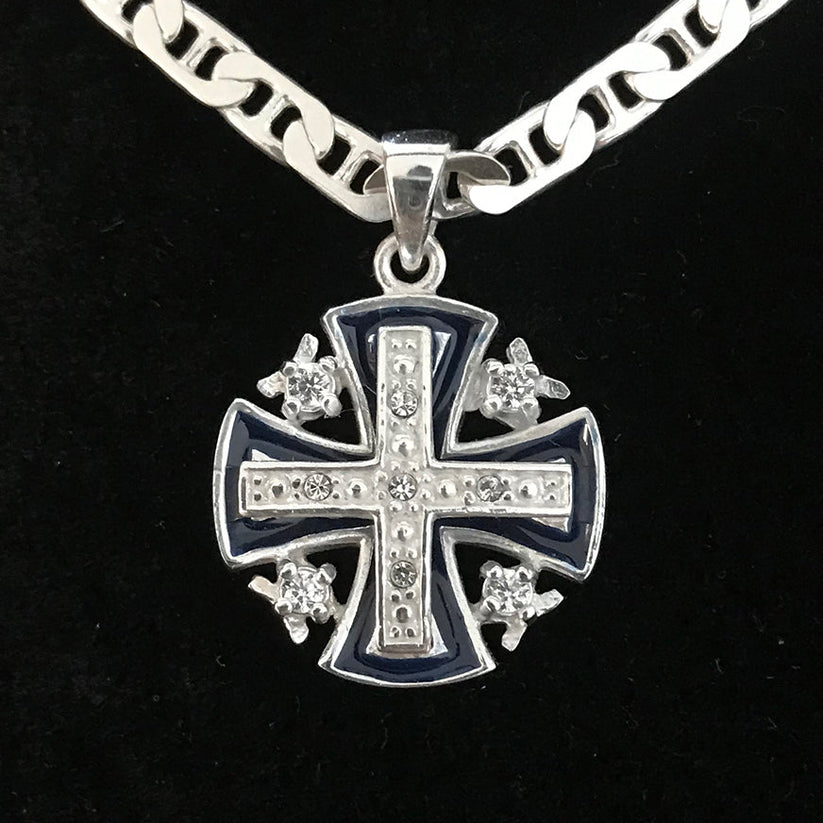 Dark Blue Jerusalem Cross Necklace with White Gemstones – Bethlehem ...